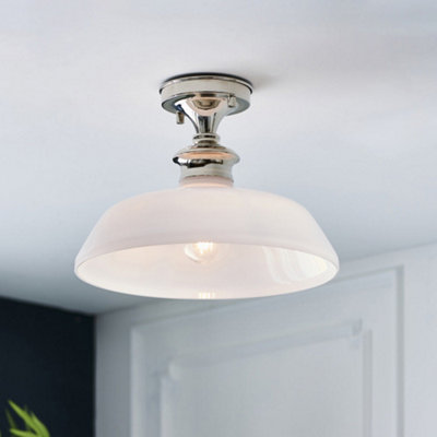 Semi Flush Ceiling Light Fitting - Bright Nickel Plate & Gloss Opal ...