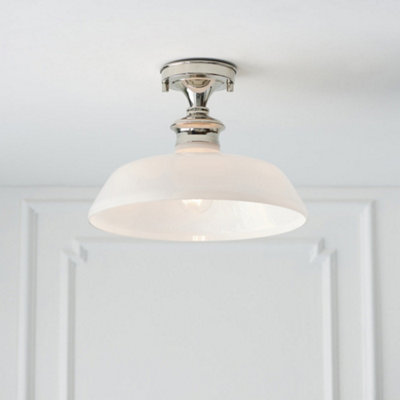 Semi Flush Ceiling Light Fitting - Bright Nickel Plate & Gloss Opal ...