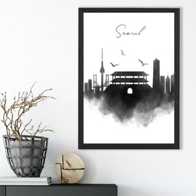 Seoul Watercolour Skyline City Framed Print SIZE: A3 with Black Frame
