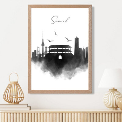 SEOUL WATERCOLOUR SKYLINE CITY FRAMED PRINT SIZE: A3 WITH OAK FRAME