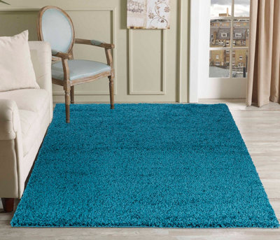 Serdim Rugs Plain Living Room Shaggy Area Rugs Teal 60x110 cm