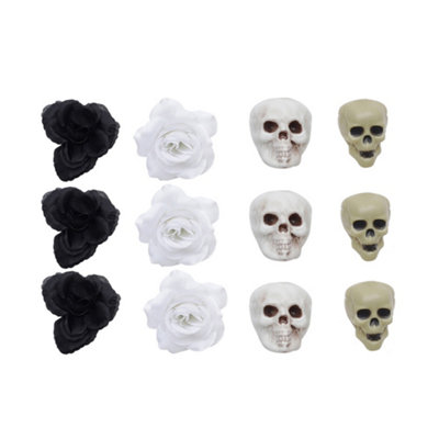 Set of 12 Miniature Plastic Halloween Skulls Roses Ornament Set Party ...