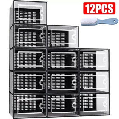 Set of 12 Stackable Shoe Storage Boxes - Clear Plastic Trainer Organiser