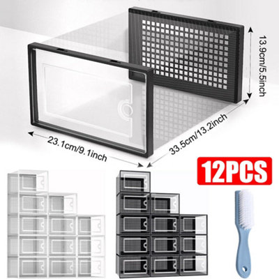 Set of 12 Stackable Shoe Storage Boxes - Clear Plastic Trainer Organiser