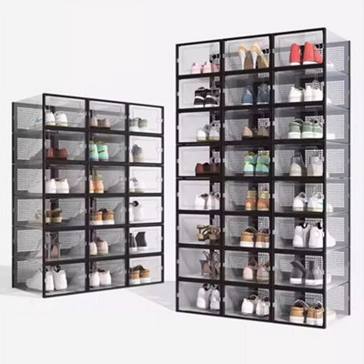 Set of 12 Stackable Shoe Storage Boxes - Clear Plastic Trainer Organiser