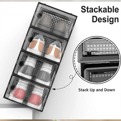 Set of 12 Stackable Shoe Storage Boxes - Clear Plastic Trainer Organiser