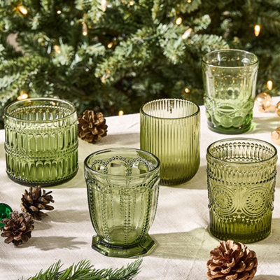 Set of 12 Vintage Luxury Green Embossed Short Drinking Glass Whiskey ...