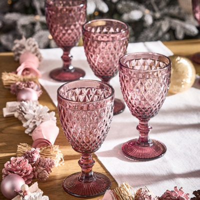 Set of 12 Vintage Red Diamond Embossed Drinking Wine Glass Goblets ...
