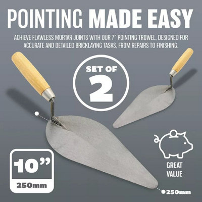 Set Of 2 10" Pointing Trowel Wooden Handle Brick Jointer Diy Plaster ...