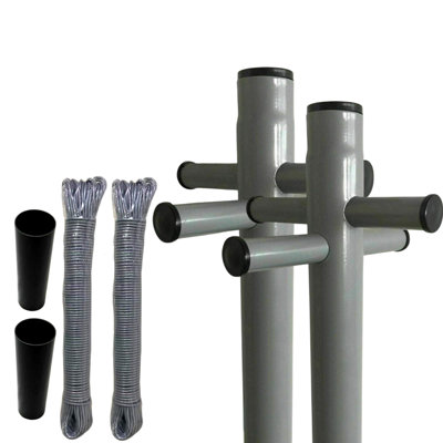 Set of 2 2.4m Clothes Line Posts with 30m PVC Washing Lines Heavy-Duty ...