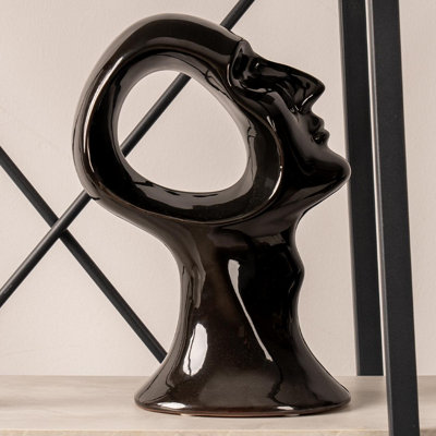 Set of 2 29cm Black Ceramic Face Sculpture Modern Abstract Decorative ...