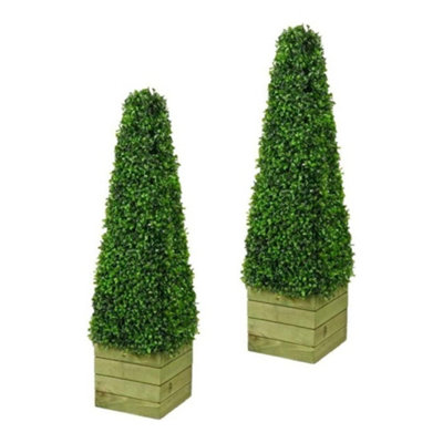Set of 2 Artificial Pyramid Trees 90cm UV Resistant Topiary in Wooden ...
