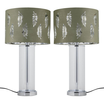 Set of 2 Aura - Chrome Table Lamps with Sage Green Fern Shades