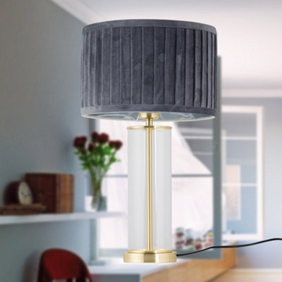 Set of 2 Aura - Satin Brass Lamps with Grey Pleated Velvet Shades