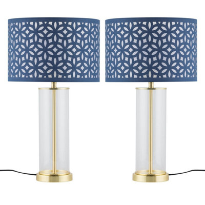 Shop Set of 2 Aura - Satin Brass Lamps with Navy Blue Cut Out Shades