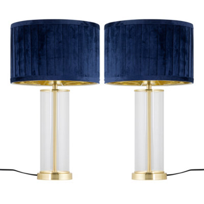 Set of 2 Aura - Satin Brass Lamps with Navy Blue Pleated Velvet Shades