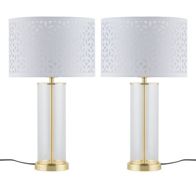 Set of 2 Aura - Satin Brass Lamps with White Cut Out Shades
