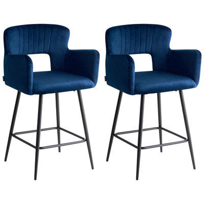 Set of 2 Bar Chairs SANILAC Velvet Navy Blue