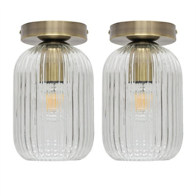 Set of 2 Batley - Clear Glass Antique Brass Ceiling Light Fittings