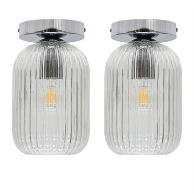 Set of 2 Batley - Clear Ribbed Glass Chrome Ceiling Light Fittings