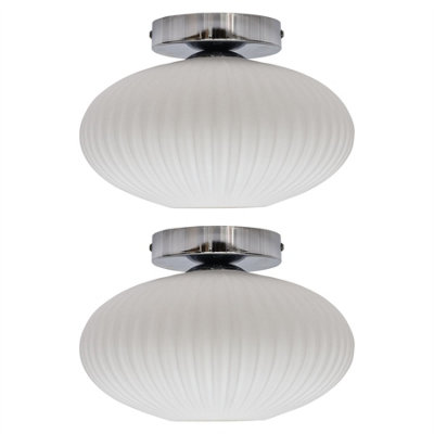 Set of 2 Baton - White Ribbed Oval Glass Chrome Ceiling Lights