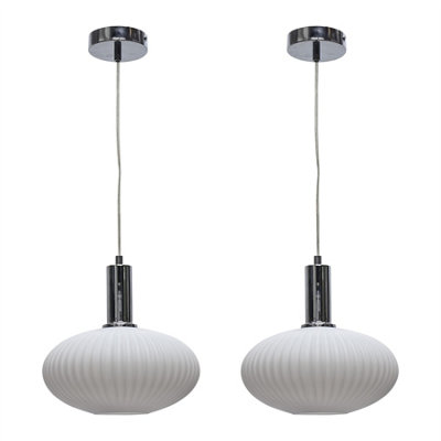 Set of 2 Baton - White Ribbed Oval Glass Chrome Deco Pendant Fittings