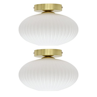 Set of 2 Baton - White Ribbed Oval Glass Satin Brass Ceiling Lights