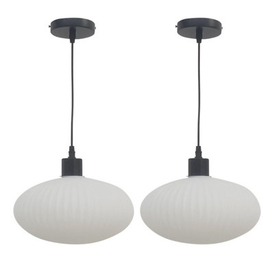 Set of 2 Baton - White Ribbed Oval Glass with Black Pendant Fittings