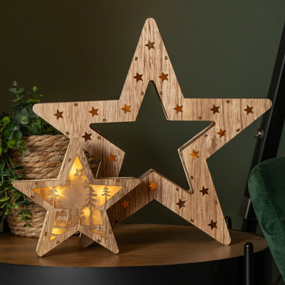 Set of 2 Battery Operated Indoor Wooden Christmas Stars with Warm White ...