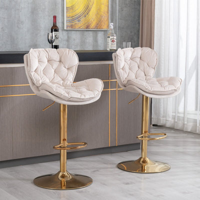 Set of 2 Beige Velvet Swivel Bar Stools Kitchen Breakfast Bar Stools With Double Layer Cushion