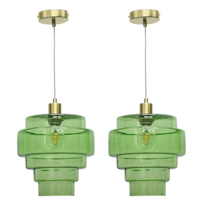 Set of 2 Benson - 5 Tier Green & Satin Brass Ceiling Pendant Lights