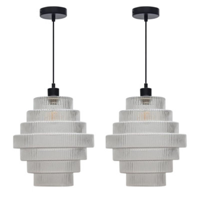 Set of 2 Benson - 7 Tier Large Glass & Black Ceiling Pendant Lights