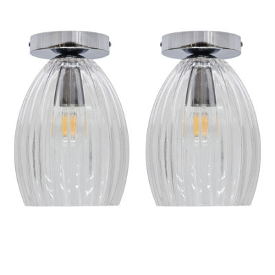 Set of 2 Birch - Clear Fluted Glass Chrome Ceiling Light Fittings