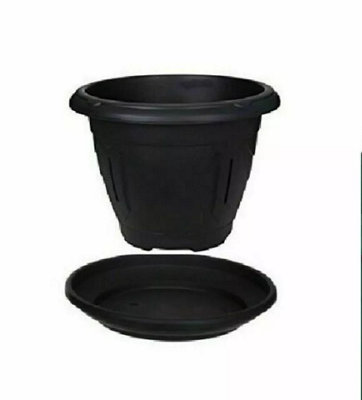 Set of 2 Black 24 CM Round Pot & Saucer Garden Plastic Venetian Pot ...