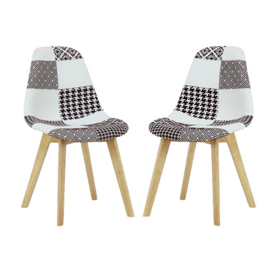 Set of 2 Black/White Patchwork Fabric Chairs with Wooden Legs, Modern ...