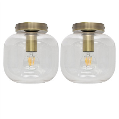 Set of 2 Bletch - Clear Glass Antique Brass Ceiling Light Fittings