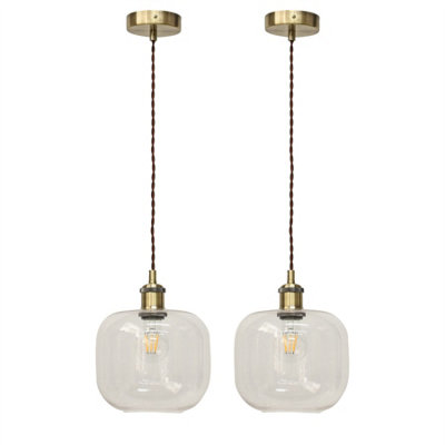 Set of 2 Bletch - Clear Glass Antique Brass Retro Pendant Fittings