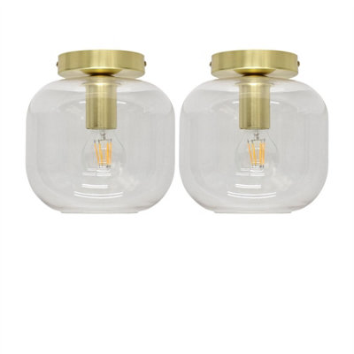 Set of 2 Bletch - Clear Glass Satin Brass Ceiling Light Fittings