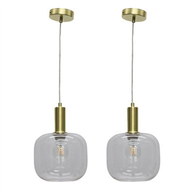 Set of 2 Bletch - Clear Glass Satin Brass Deco Pendant Fittings