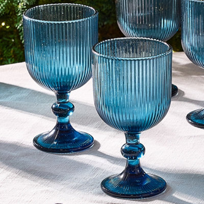Set of 2 Blue Ribbed Drinking Glasses Wine Goblets Wedding Decorations ...