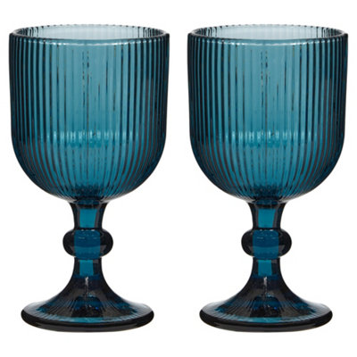 Set of 2 Blue Ribbed Drinking Glasses Wine Goblets Wedding Decorations ...