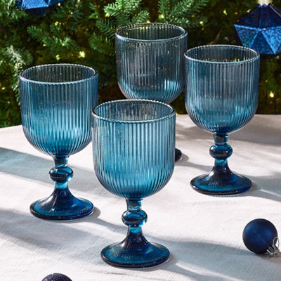 Set of 2 Blue Ribbed Drinking Glasses Wine Goblets Wedding Decorations ...