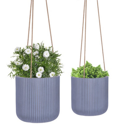 Set of 2 Blue Rippled Finish Hanging Pots Planter Indoor Outdoor Garden ...