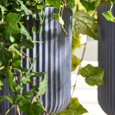 Set of 2 Blue Rippled Finish Hanging Pots Planter Indoor Outdoor Garden ...