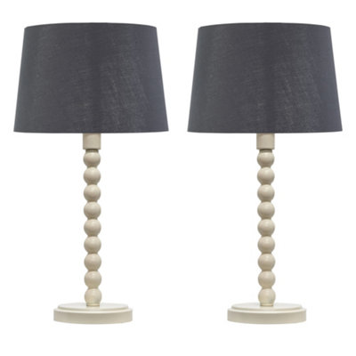 Set of 2 Bobbin - Ivory Lamps with Grey & Silver Shades