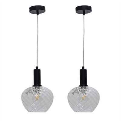 Set of 2 Bradson - Clear Swirl Glass Black Deco Pendant Fittings