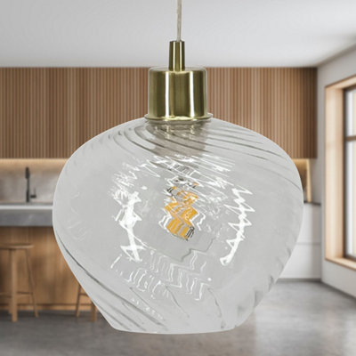 SET OF 2 BRADSON - CLEAR SWIRL GLASS WITH SATIN BRASS PENDANT FITTINGS