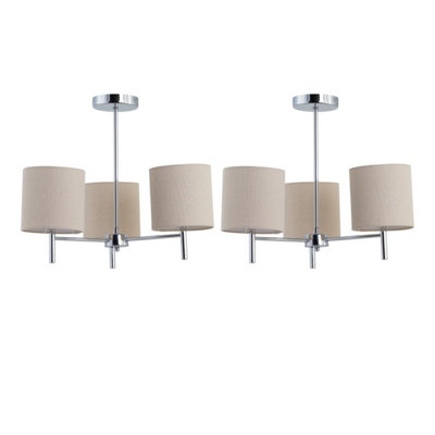 Set of 2 Brea - Chrome 3 Light Fittings with Natural Linen Shades