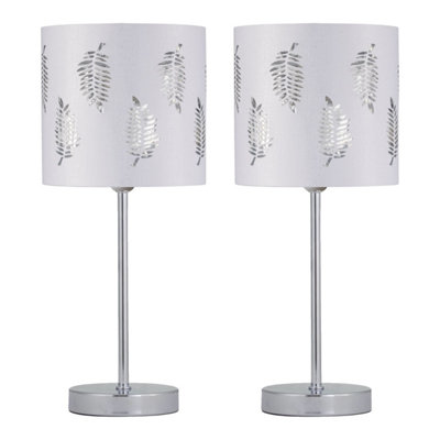 Set of 2 Chrome Stick Table Lamps with White Fern Shades