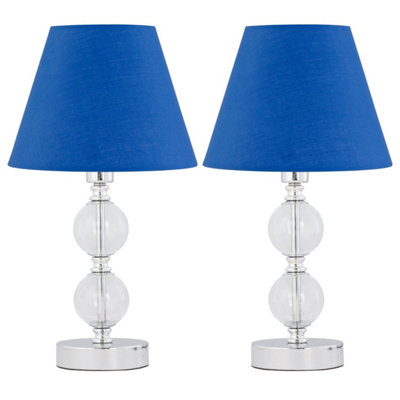 Set of 2 Chrome Two Ball Table Lamps with Royal Blue Shades
